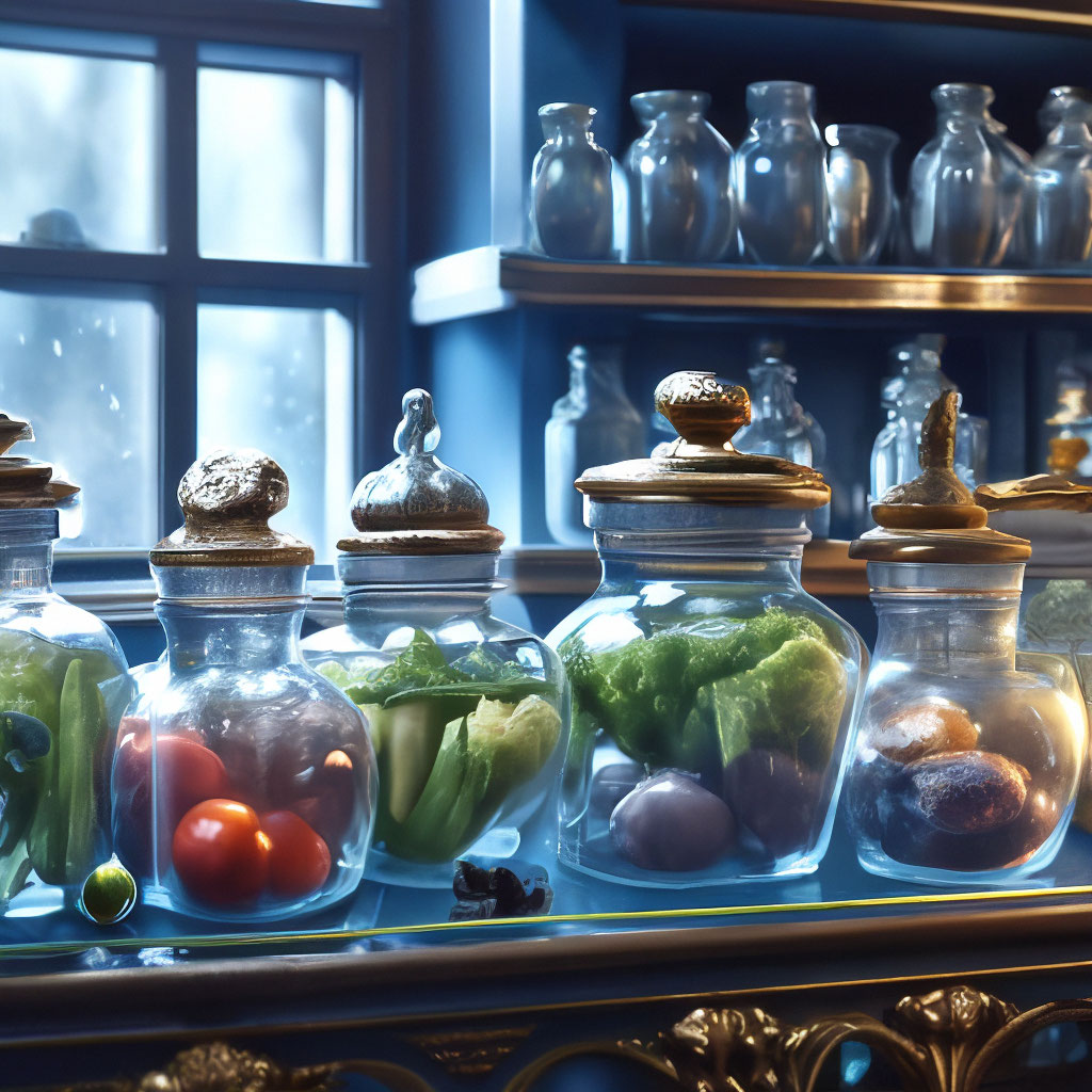 "A cabinet with crystal vegetables in jars, rain, hyperrealism ...
