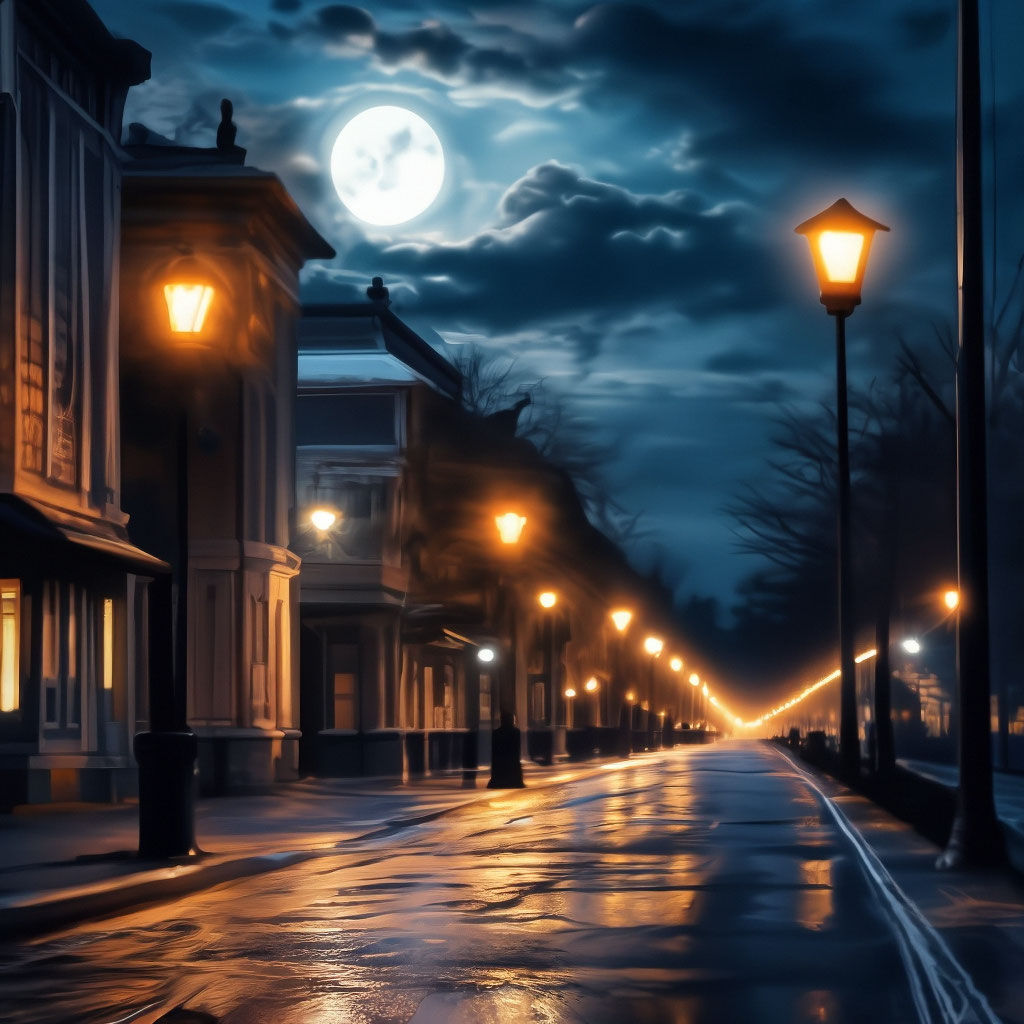 "Night,street lights,moon" — image created in Shedevrum