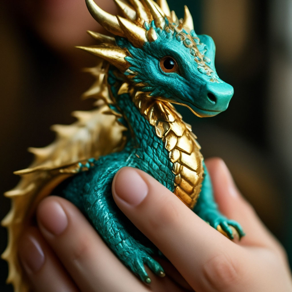 "Fluffy charm! a small, fluffy turquoise-gold dragon sits on his hand ...