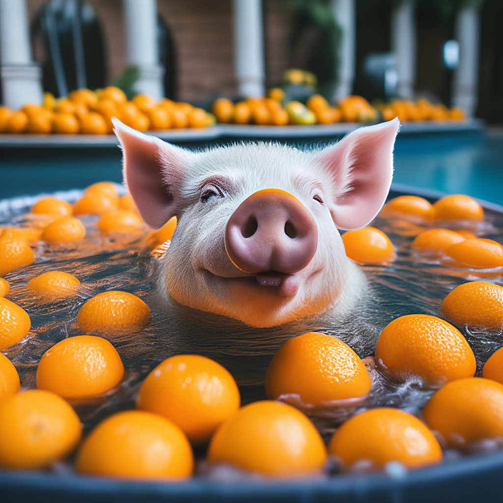 "Pig in a jacuzzi of oranges" — image created in Shedevrum