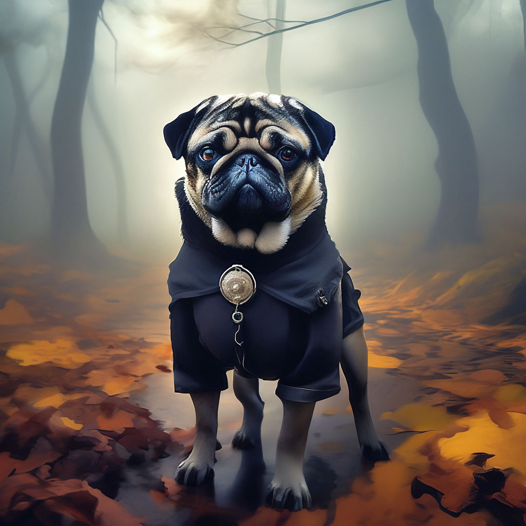 "Pug in autumn landscapes" — image created in Shedevrum
