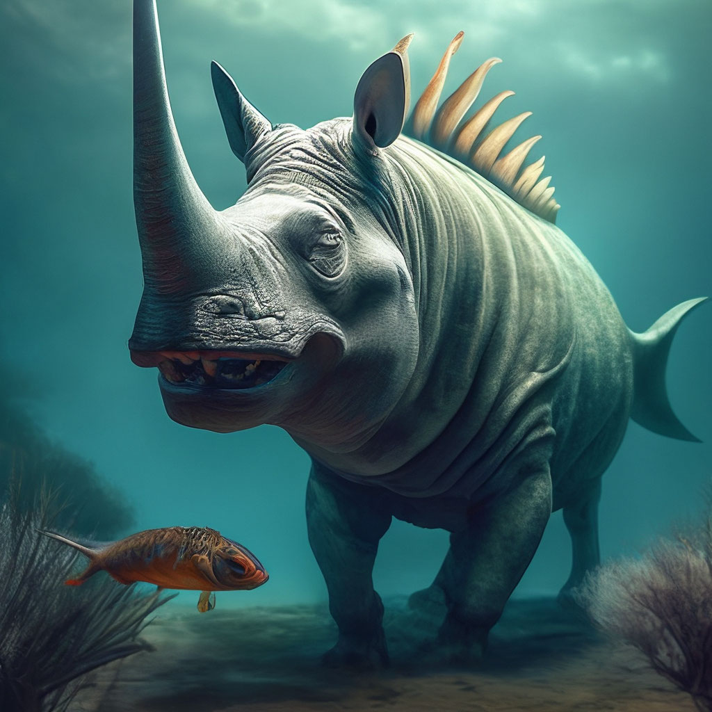 "Hybrid of fish and rhinoceros, symbiosis, fins, funny caricature ...