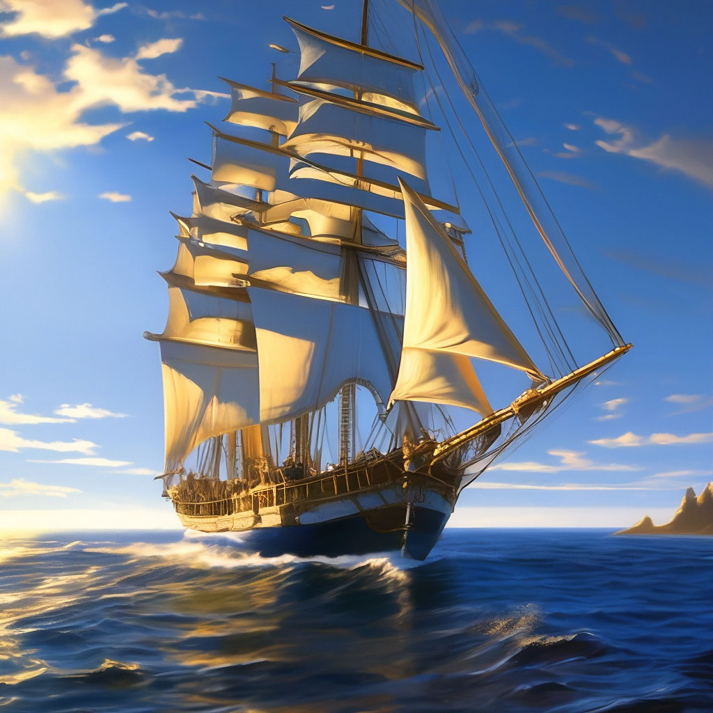 "Sailing barque enters the azure bay, bright lighting, high resolution ...