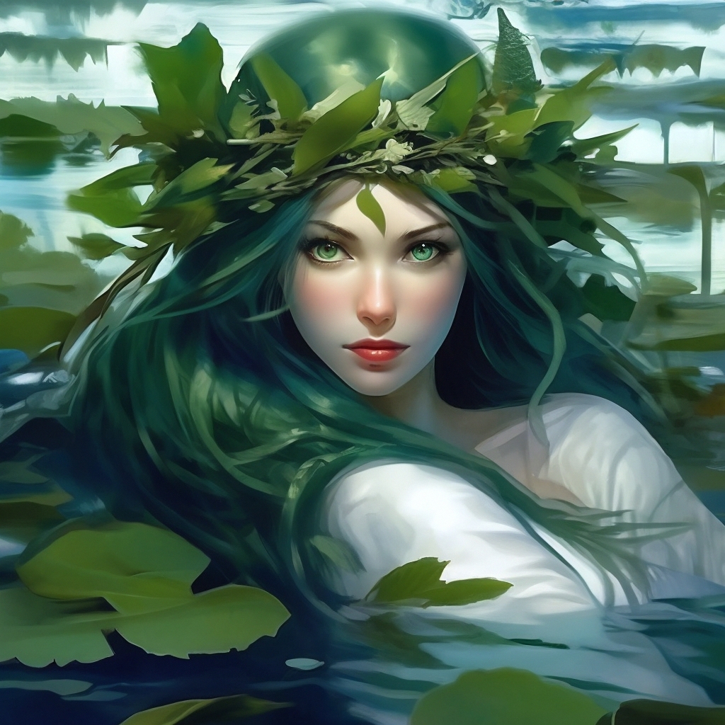 "Mermaid, half in the water, lake, green eyes, white dress, wreath of ...