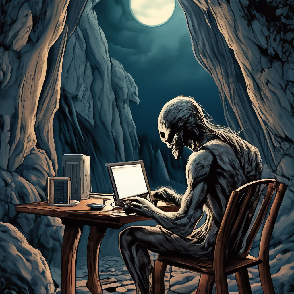 "Rake creature is sitting typing at a computer in a cave,the moon is ...