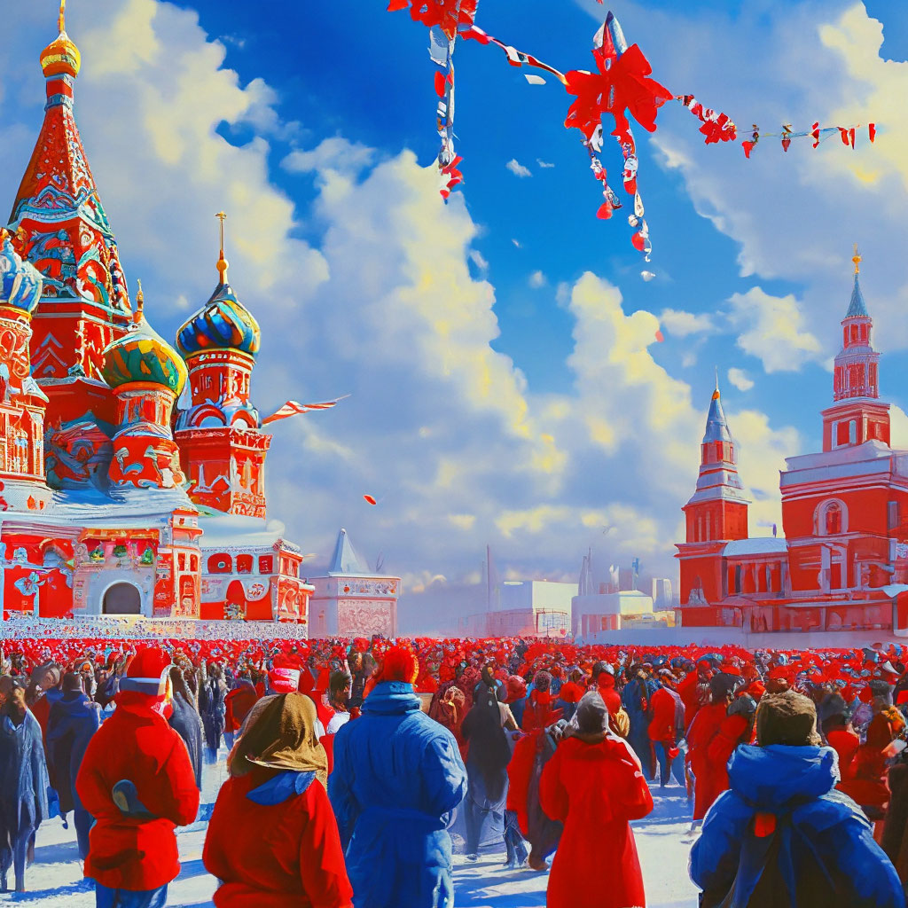 "Red square, moscow, crowd in red, holiday, blue houses, white sky ...