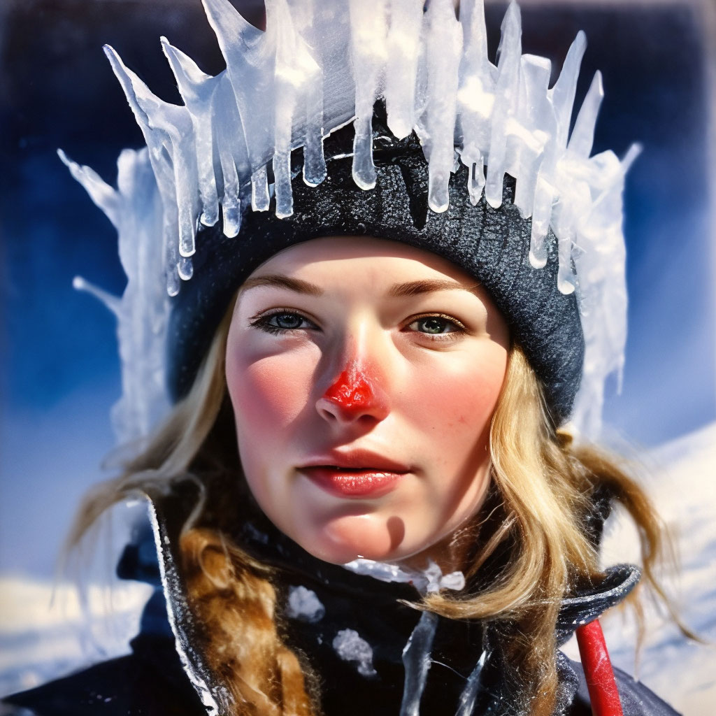"A skier with icicles on her nose" — image created in Shedevrum