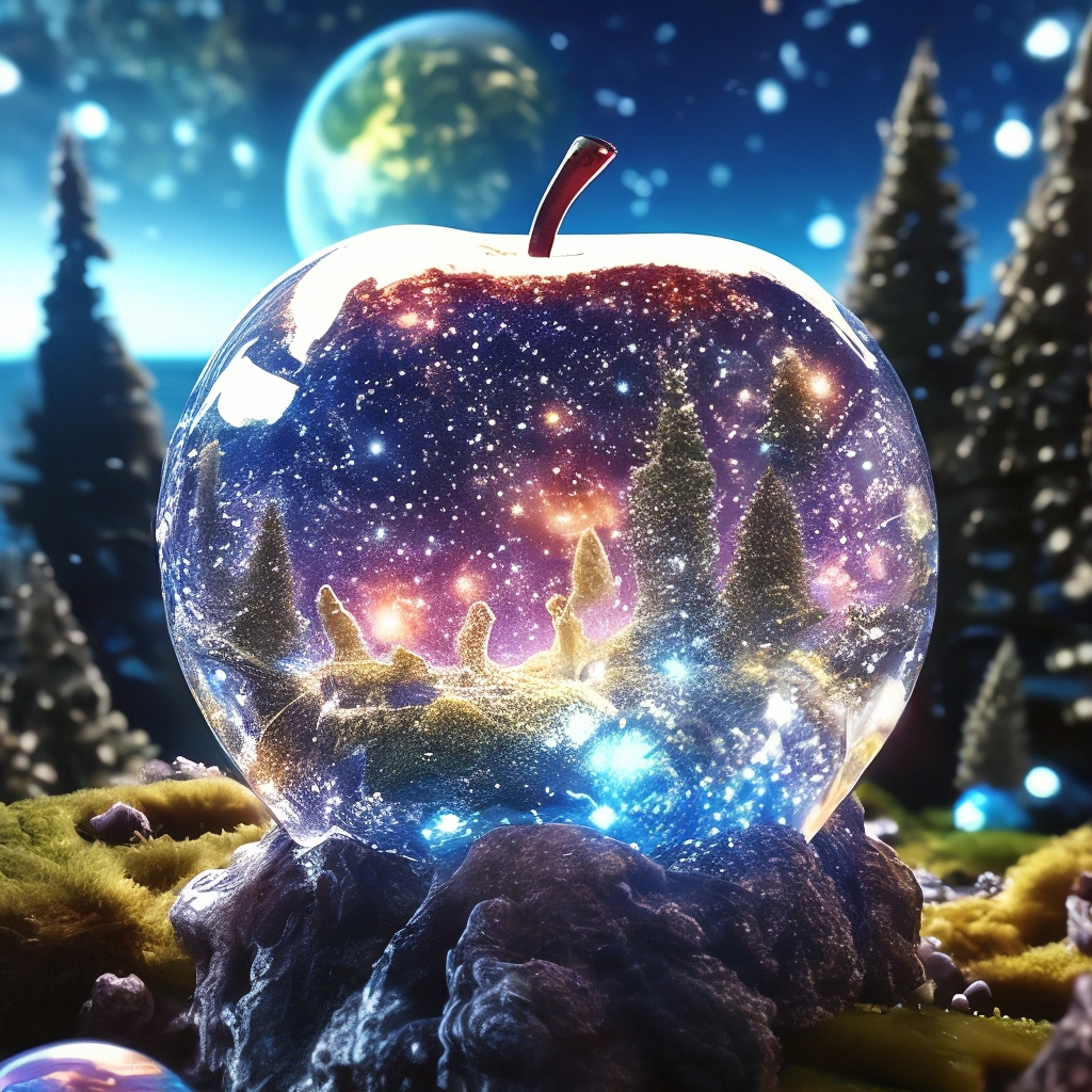 "An epic crystal apple with a cosmic, alien forest glowing inside ...