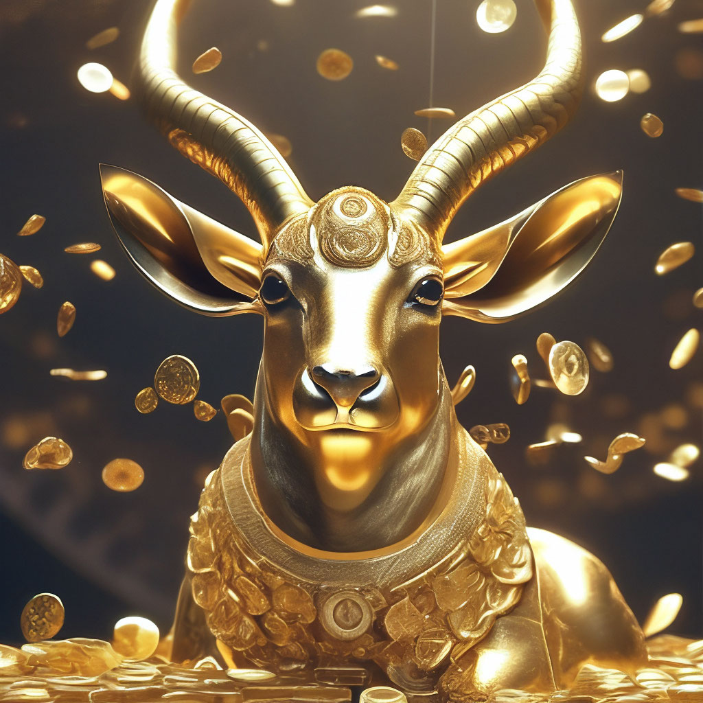 "Golden antelope,with big wings, lots of gold coins, close-up ...