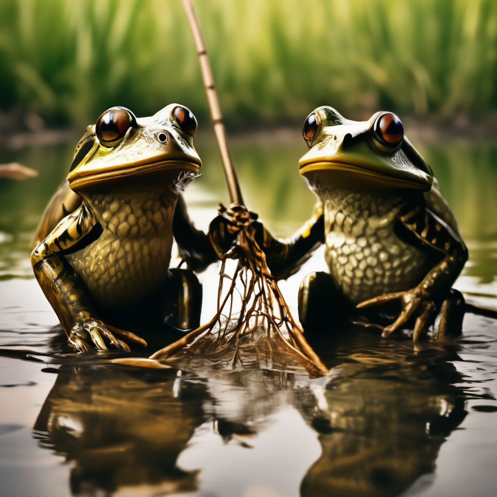 "Two frogs are fishing with a net on the river" — image created in ...
