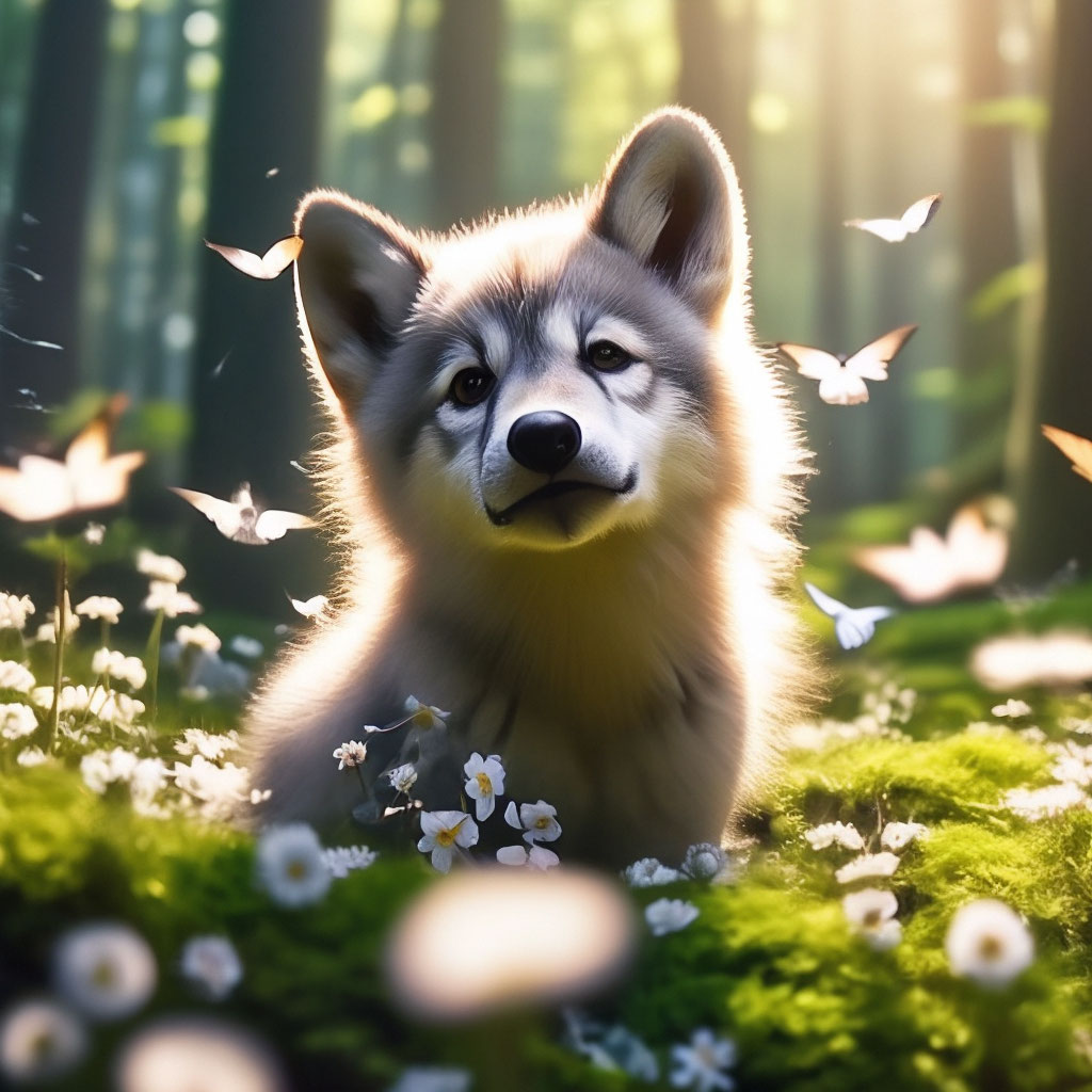 "A lot of butterflies, a cute little fluffy wolf cub, a butterfly sat ...