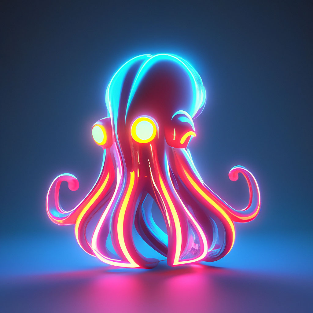 "A small hyper-mimic neon squid in cartoon style embraces a heart with ...