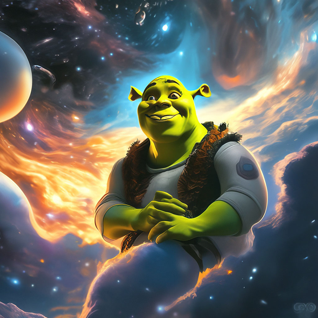 "Shrek in space among the galaxy" — image created in Shedevrum