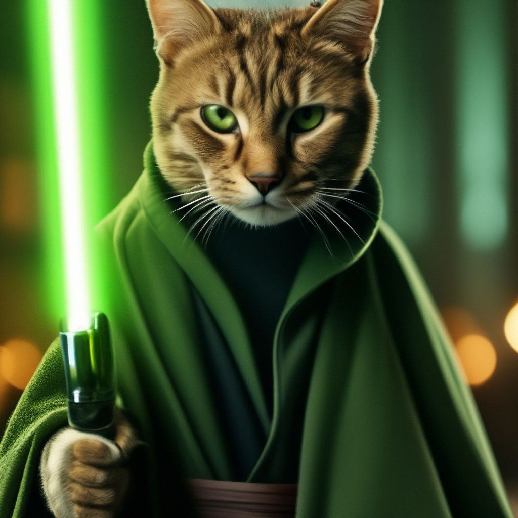 "A Jedi cat with a green lightsaber in a Qui-Gon Jinn costume" — image ...