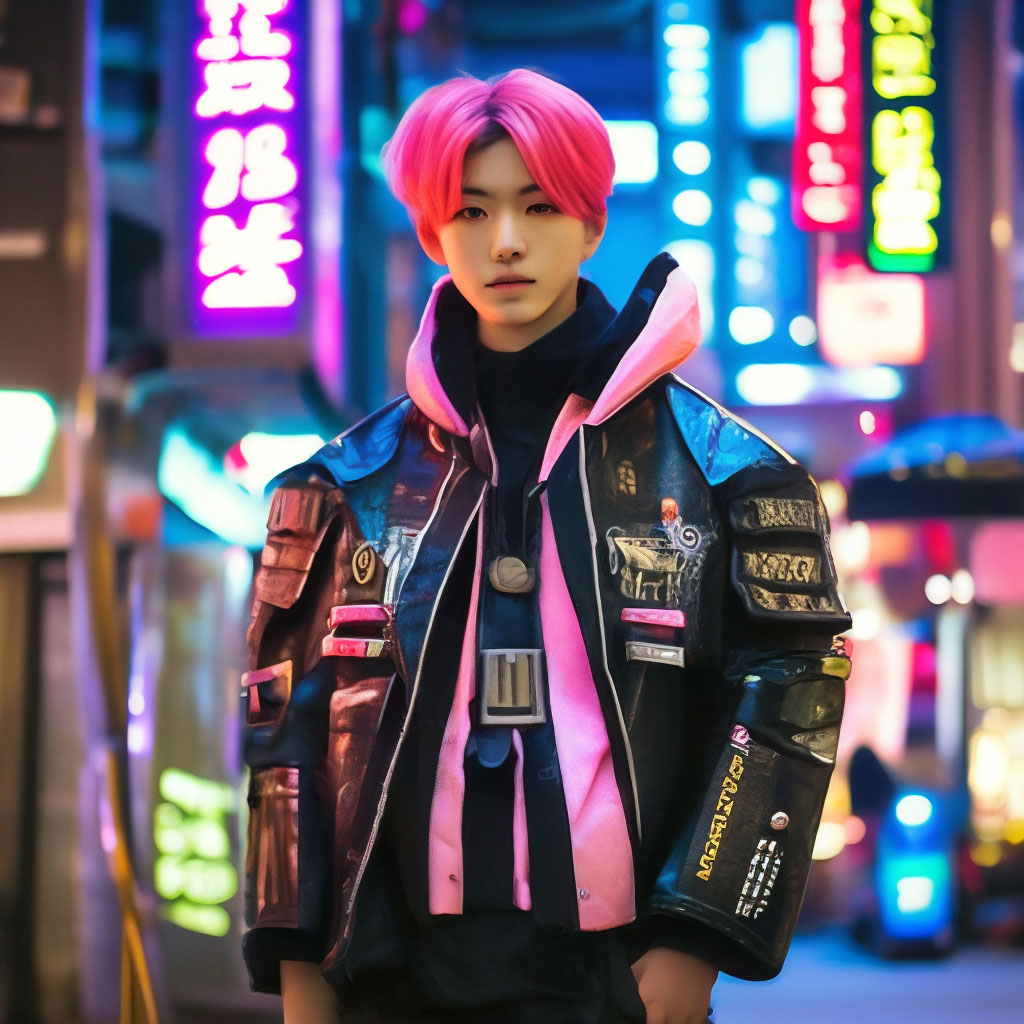 "Felix is a sweet Korean cyberpunk clothing" — image created in Shedevrum