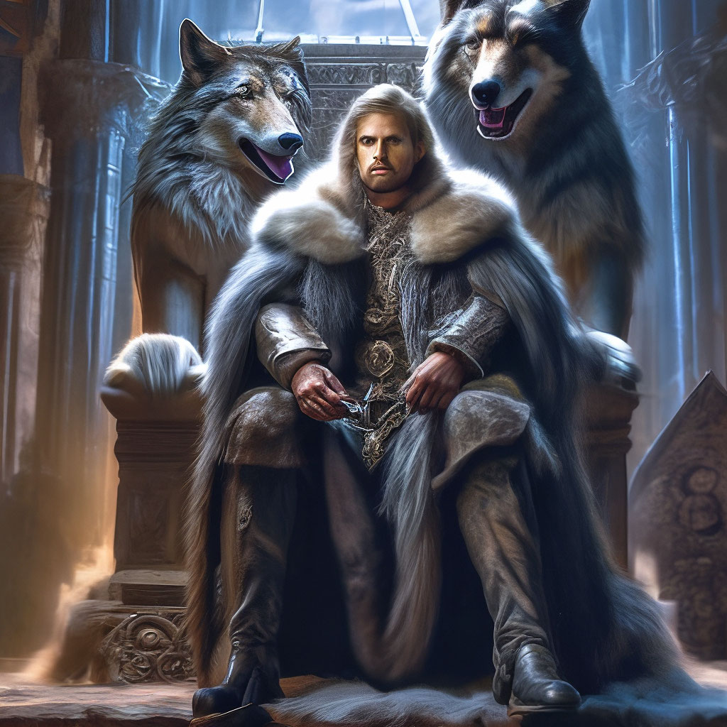 "Man sitting on a throne, in leather boots, a fur cape draped over his ...