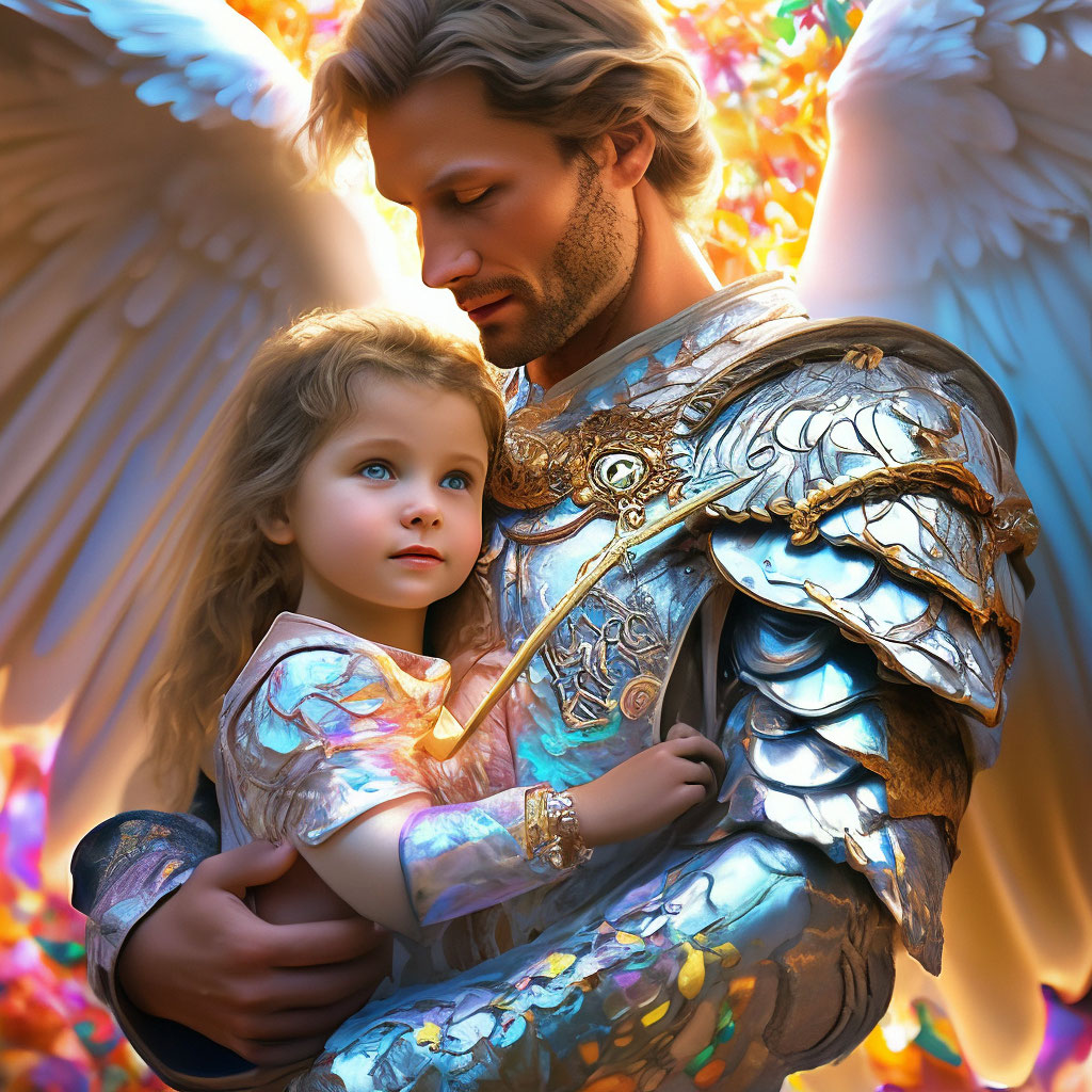 "An angel man in armor holds a child in his arms, focus on the eyes ...