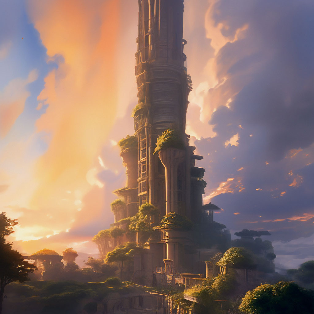 "A huge detailed ancient utopian skyscraper tower with gardens ...