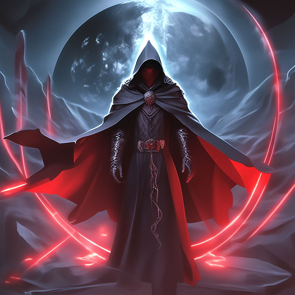 "Arch mage in the dark hidden by a dark hood and cloak... creates rune ...