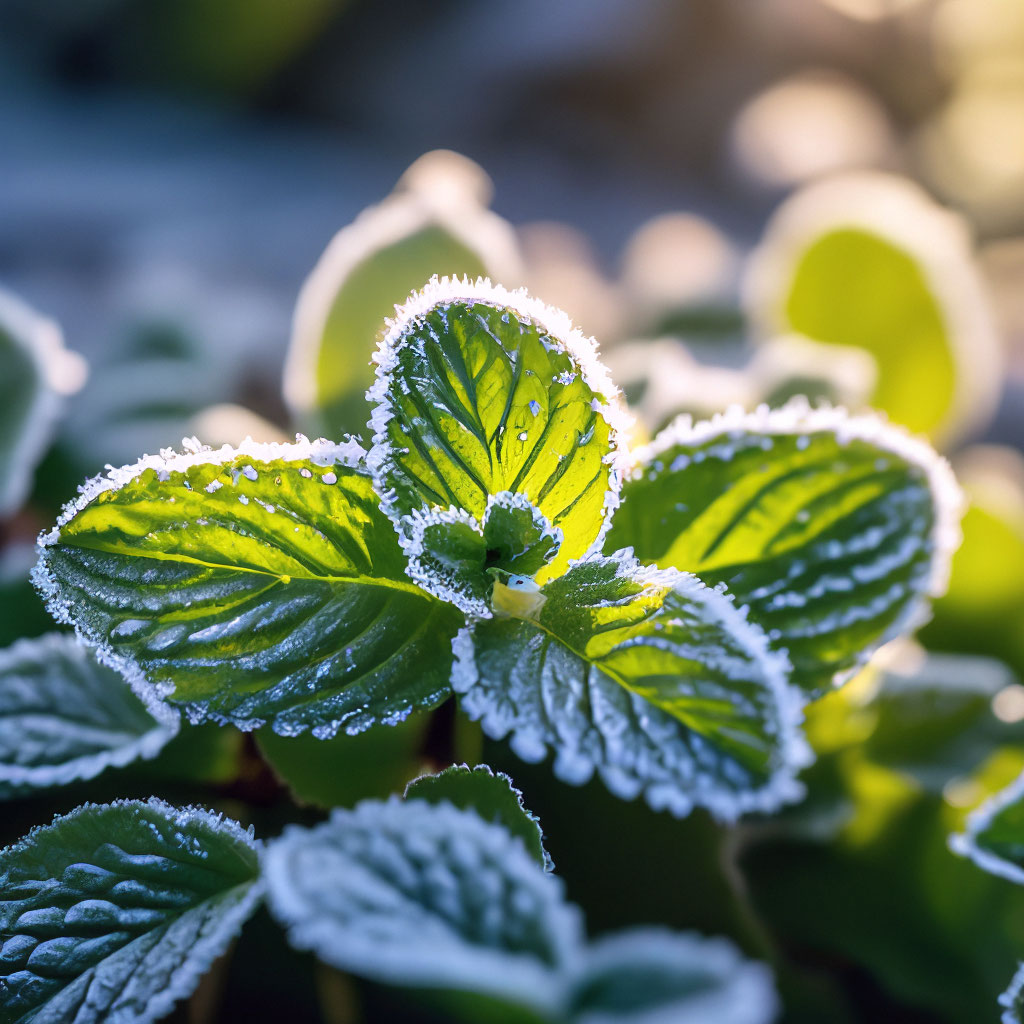 "Mint leaves, light frost, sunlight, hyperdetalization" — image created ...
