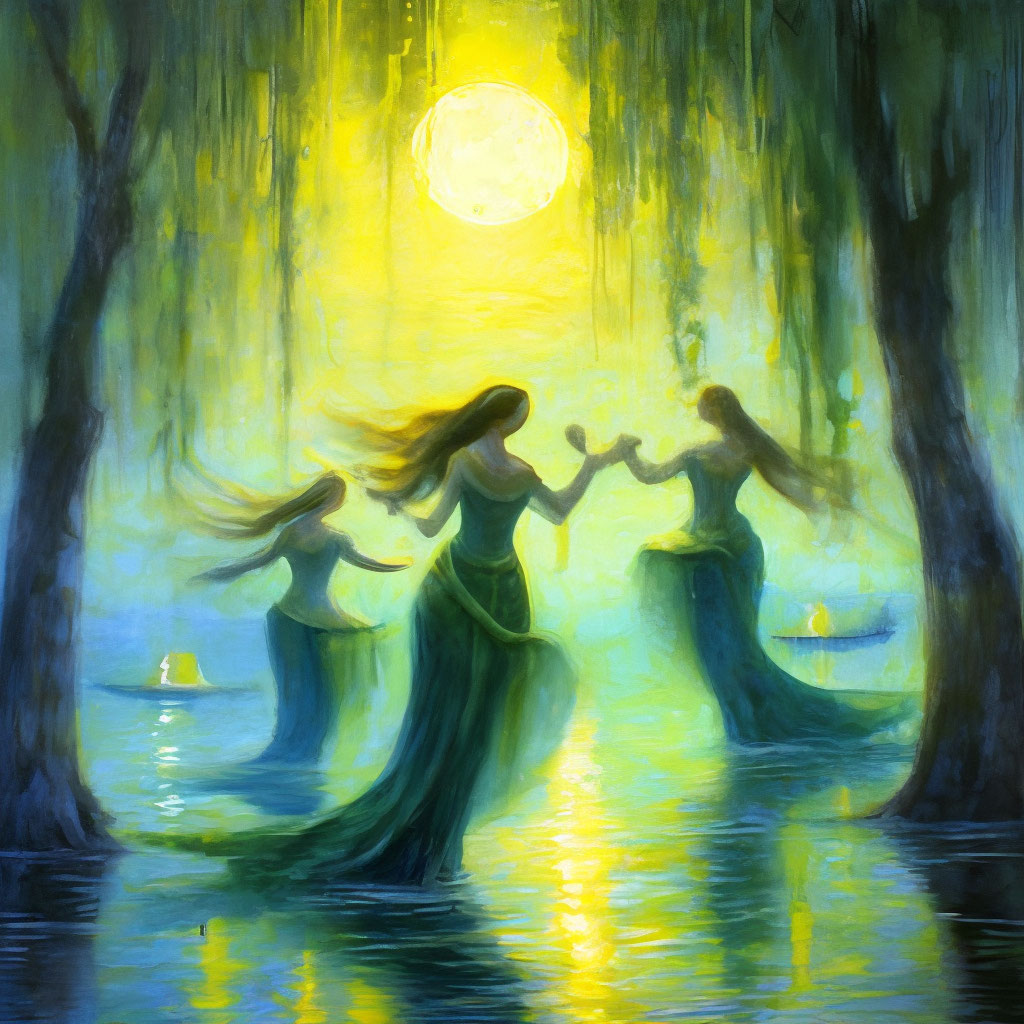 "A dance of mermaids in the light of the Moon, weeping willows around ...
