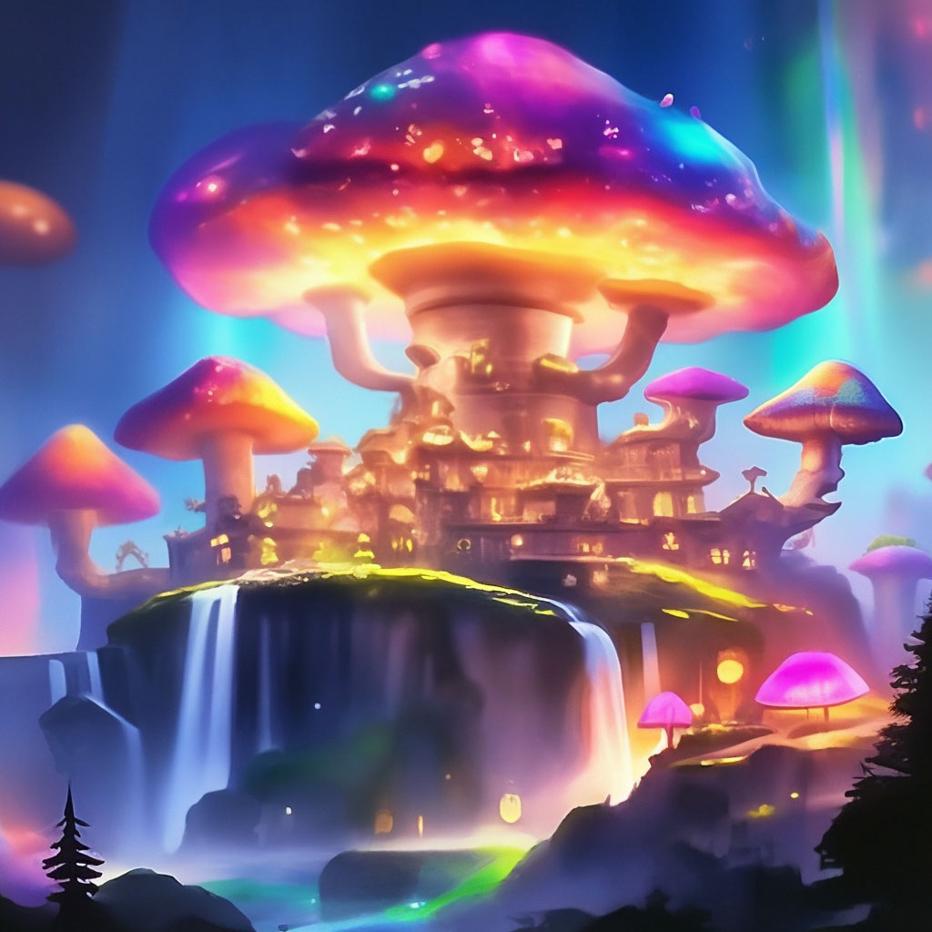 "Mushroom elf city, huge mushroom, mushroom city, waterfalls ...