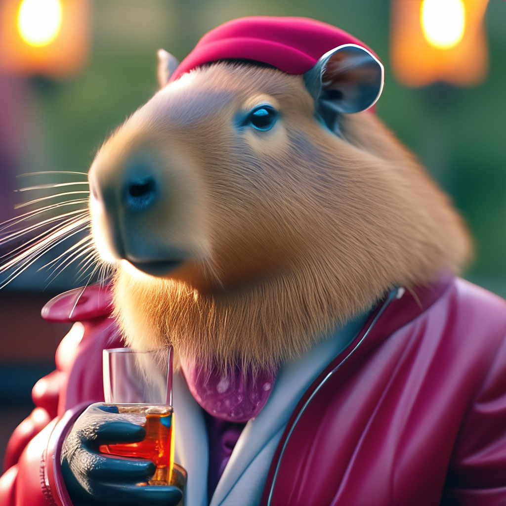 "A capybara with a cigarette in a raspberry-colored jacket drinks ...