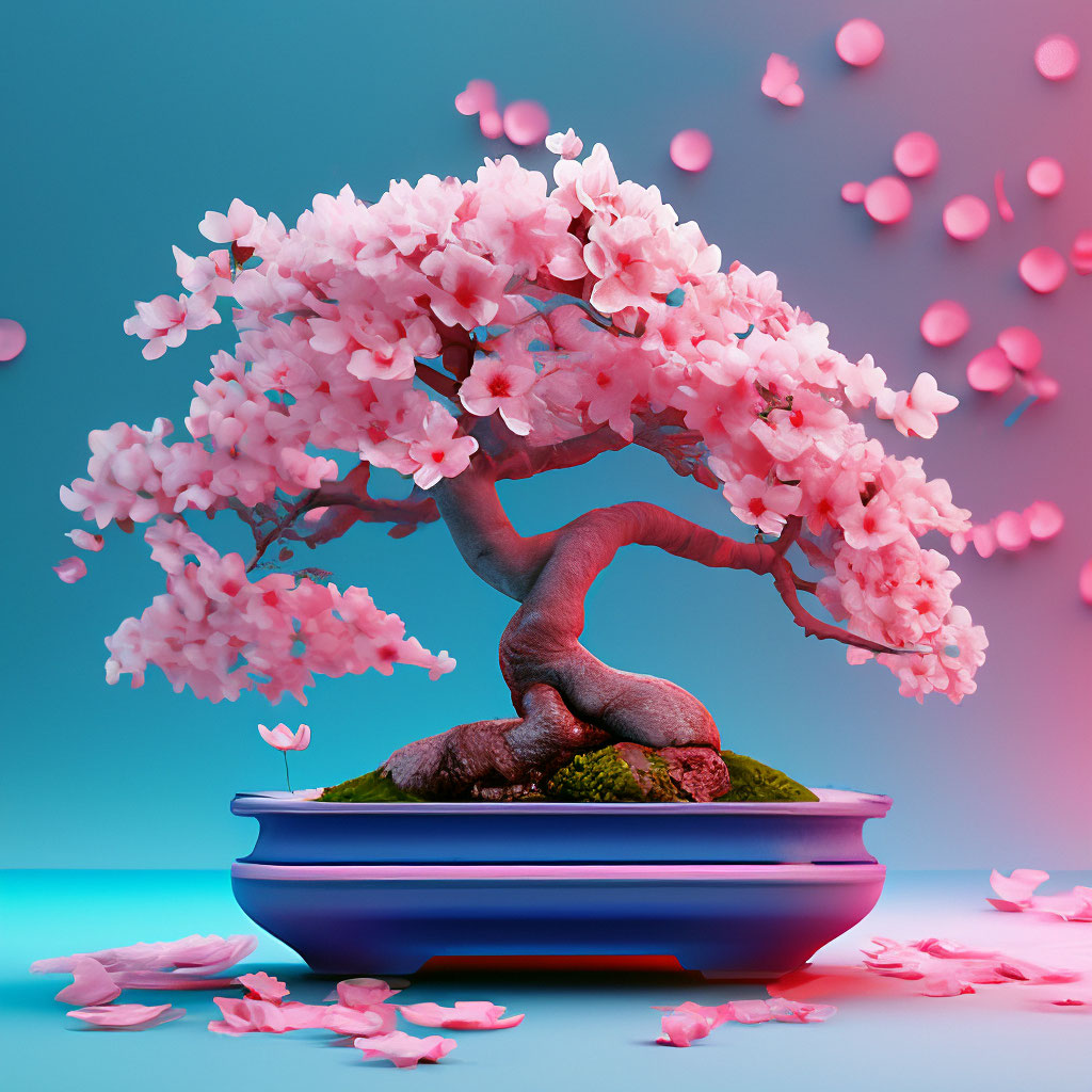 "Sakura bonsai tree, hyperrealistic,4d, pink-blue background" — image ...