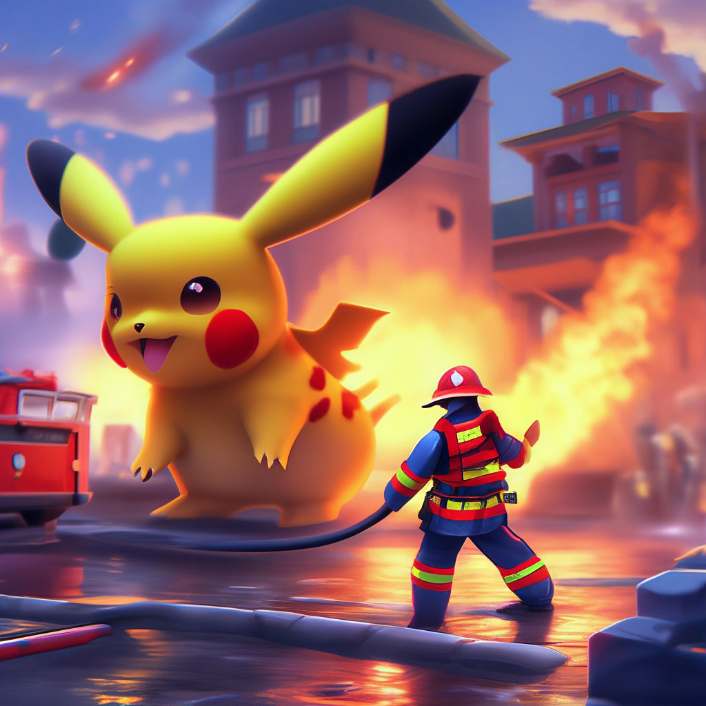 "Pikachu rescues a firefighter" — image created in Shedevrum