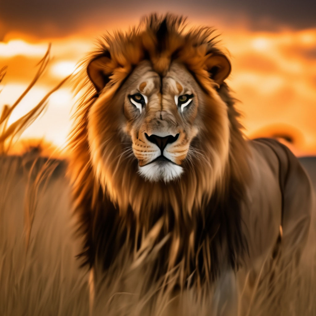 "A majestic Lion standing alone in the African savannah, surrounded by ...