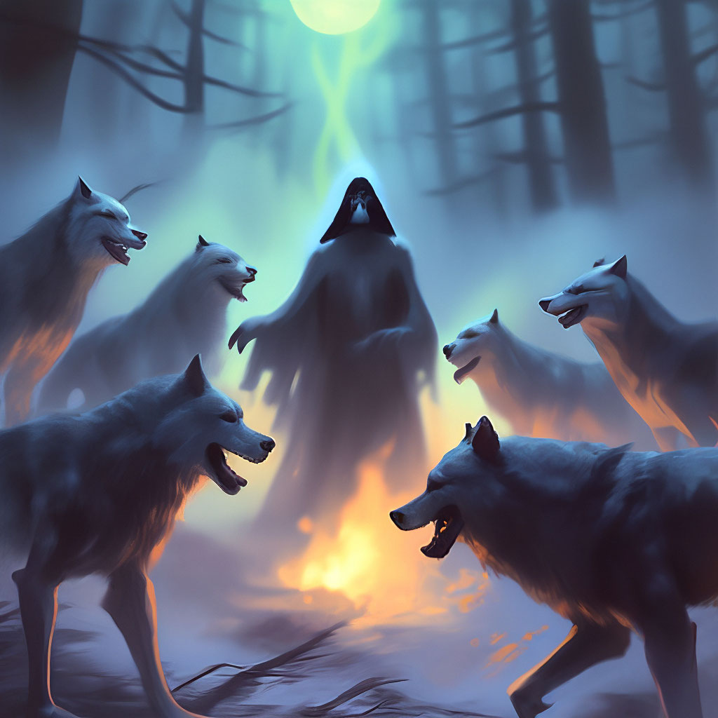 "A pack of smoky ghost wolves surrounded a lone zombie" — image created ...