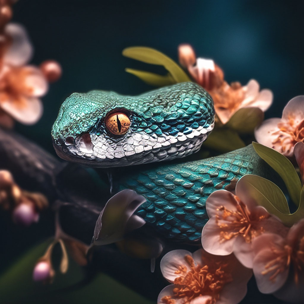 "Hyperrealistic eyelashes viper snake on a branch of flowers and leaves ...