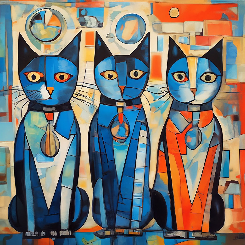 "Three cats drawn in the style of Dadaism" — image created in Shedevrum
