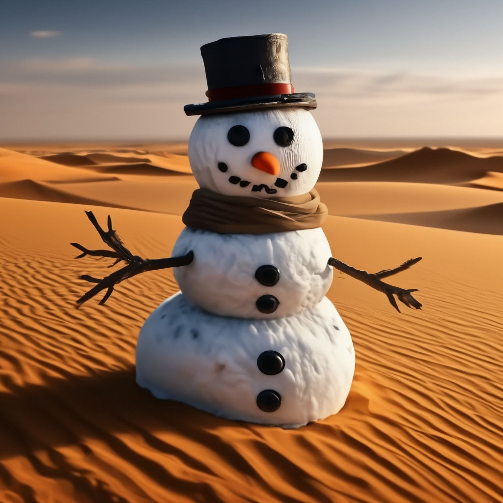 "Hyperrealistic photo, a snowman in the Sahara Desert" — image created ...