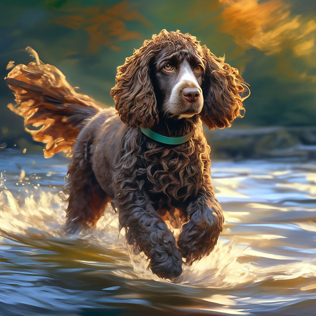 "Irish water spaniel with curly hair climbs out of the river ...