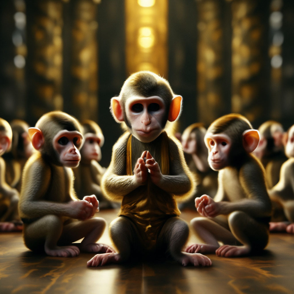 "A lot of little monkeys, praying to their idol, banana" — image ...