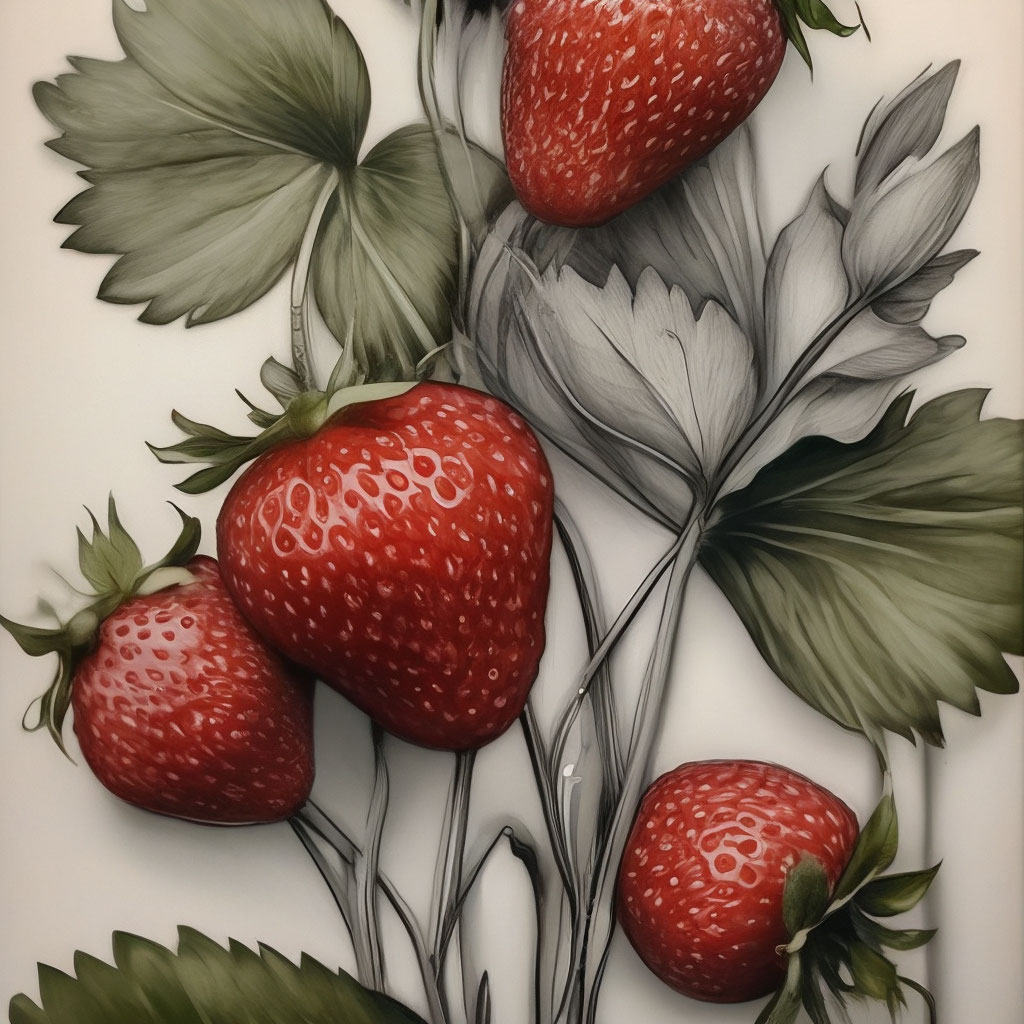 "Strawberries, berries, stems, leaves, flowers, drawing in the style of ...