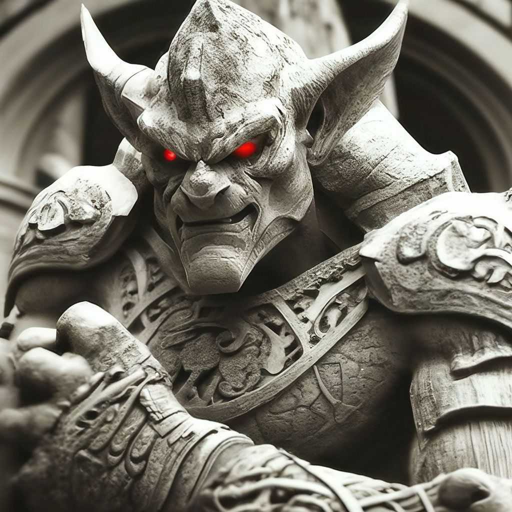 "Monochrome. sepia, reverse perspective, monumental gigantism, gargoyle ...