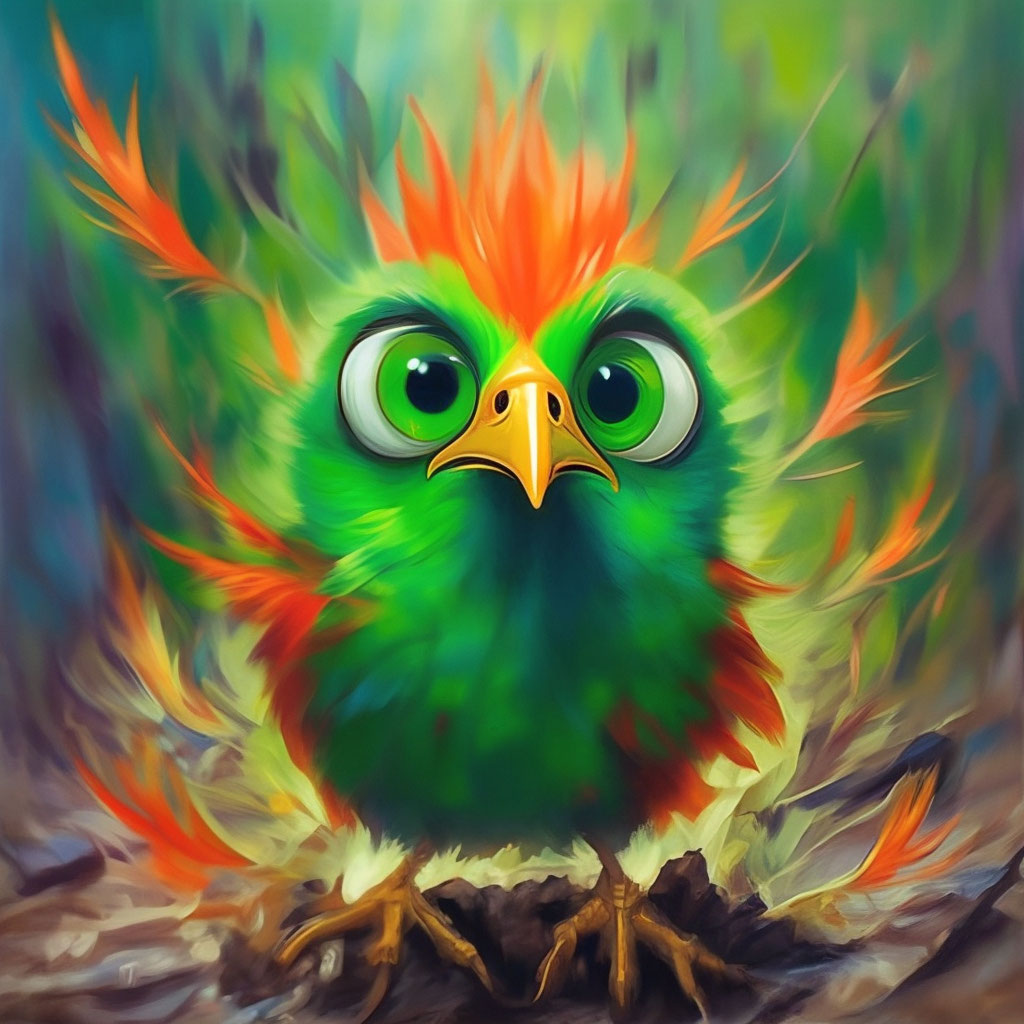 "Felix the bird, risen from the ashes, big green eyes, bright feathers ...