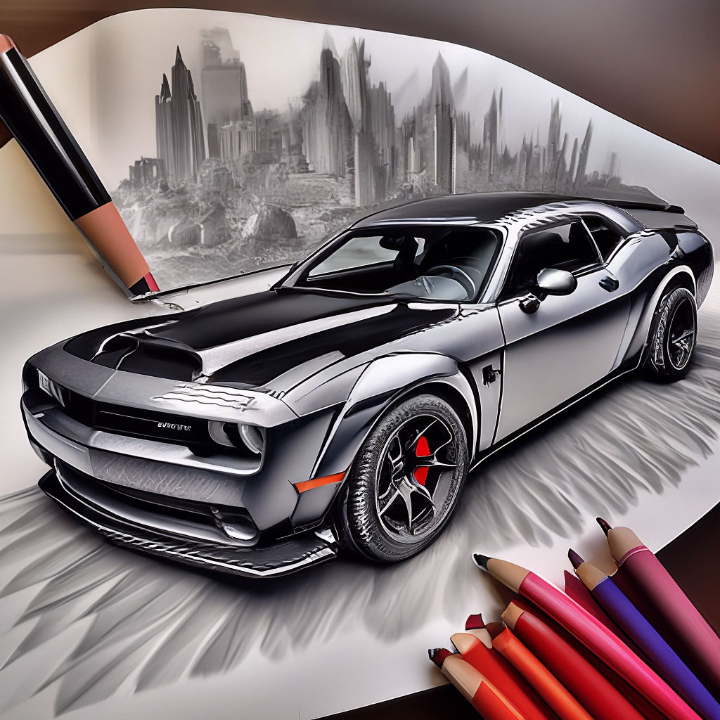 "Sheet of paper ,sketch , pencils , colored, dodge Challenger SRT Demon ...