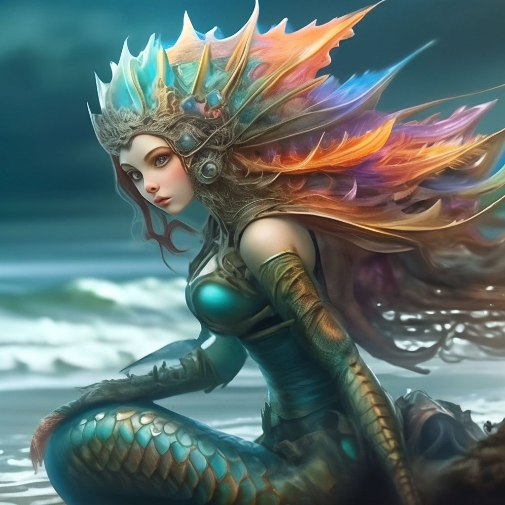 "Mutation anomaly metamorphosis beautiful mermaid with big eyes sitting ...