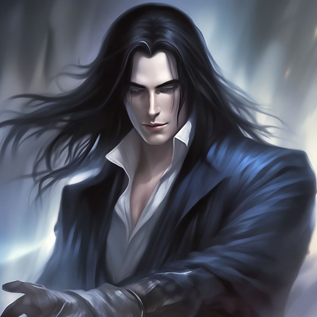"Male vampire. long dark hair. ultramarine eyes. strong hands. in full growth…" — image created ...