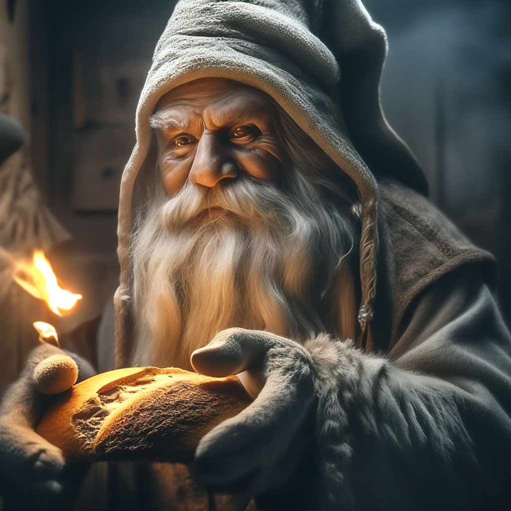"Realistic gnome with a loaf in his hands,in a house, dim lighting ...