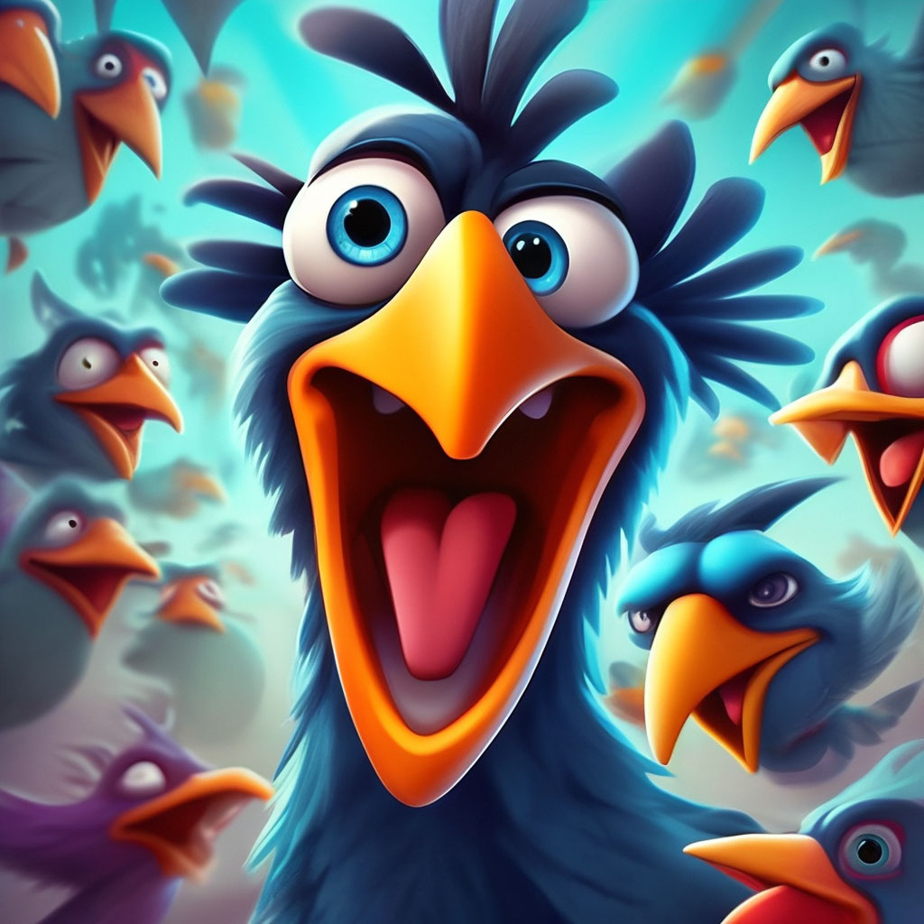 "Crazy bird, cartoon, funny" — image created in Shedevrum