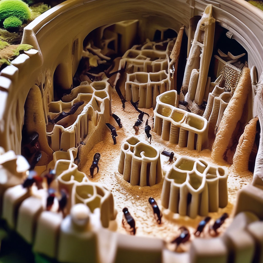 "An anthill from the inside,all the passages are visible, micro city ...
