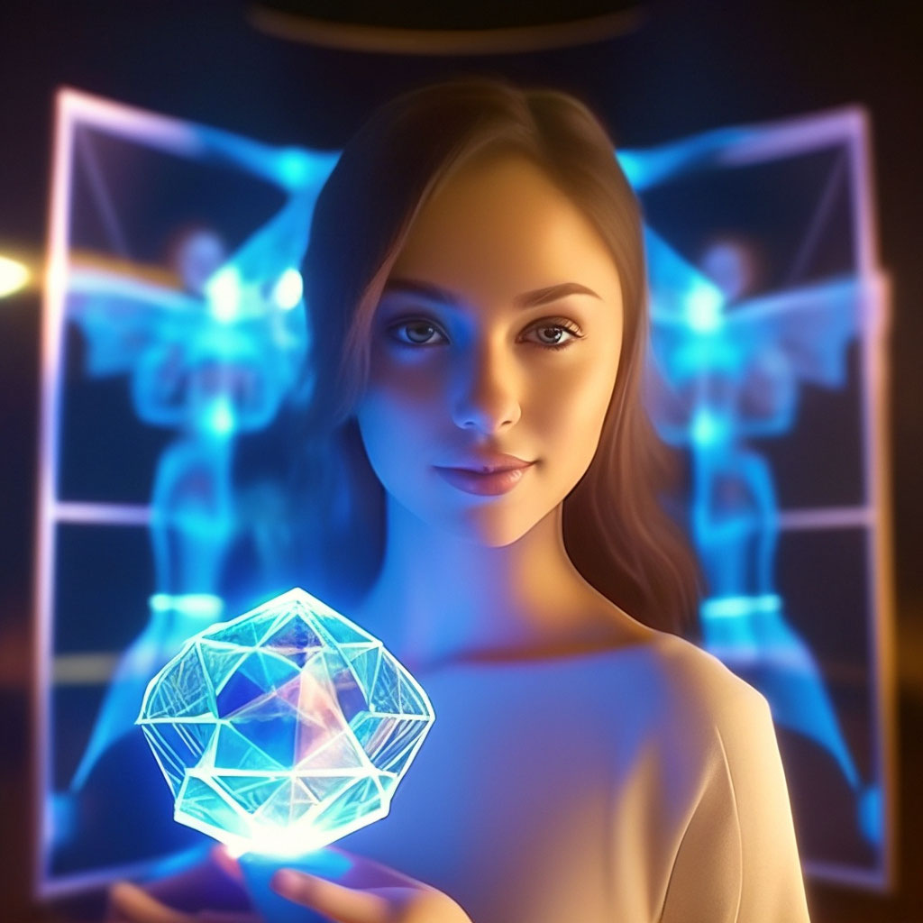 "3d hologram of a beautiful girl, quantum holography" — image created ...
