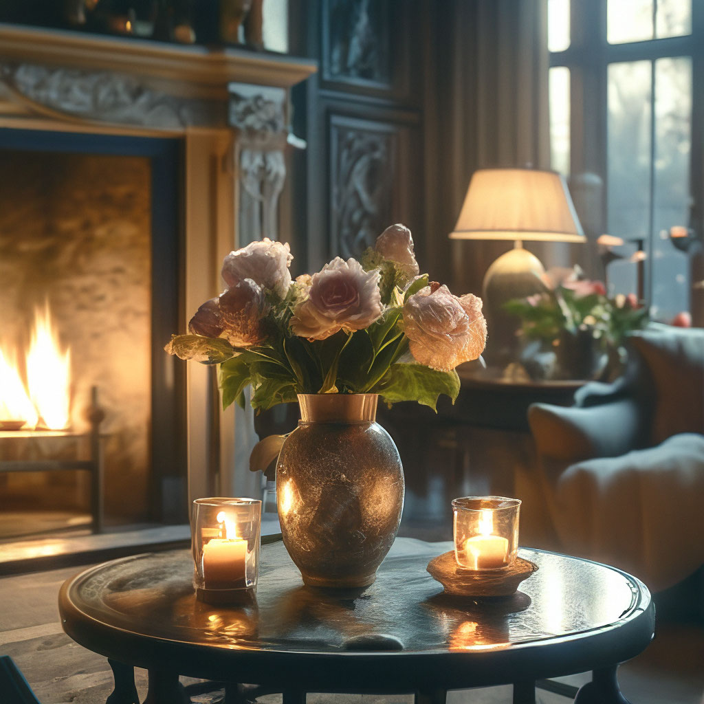 "A warm cozy evening at home, with flowers in a vase, by a beautiful ...