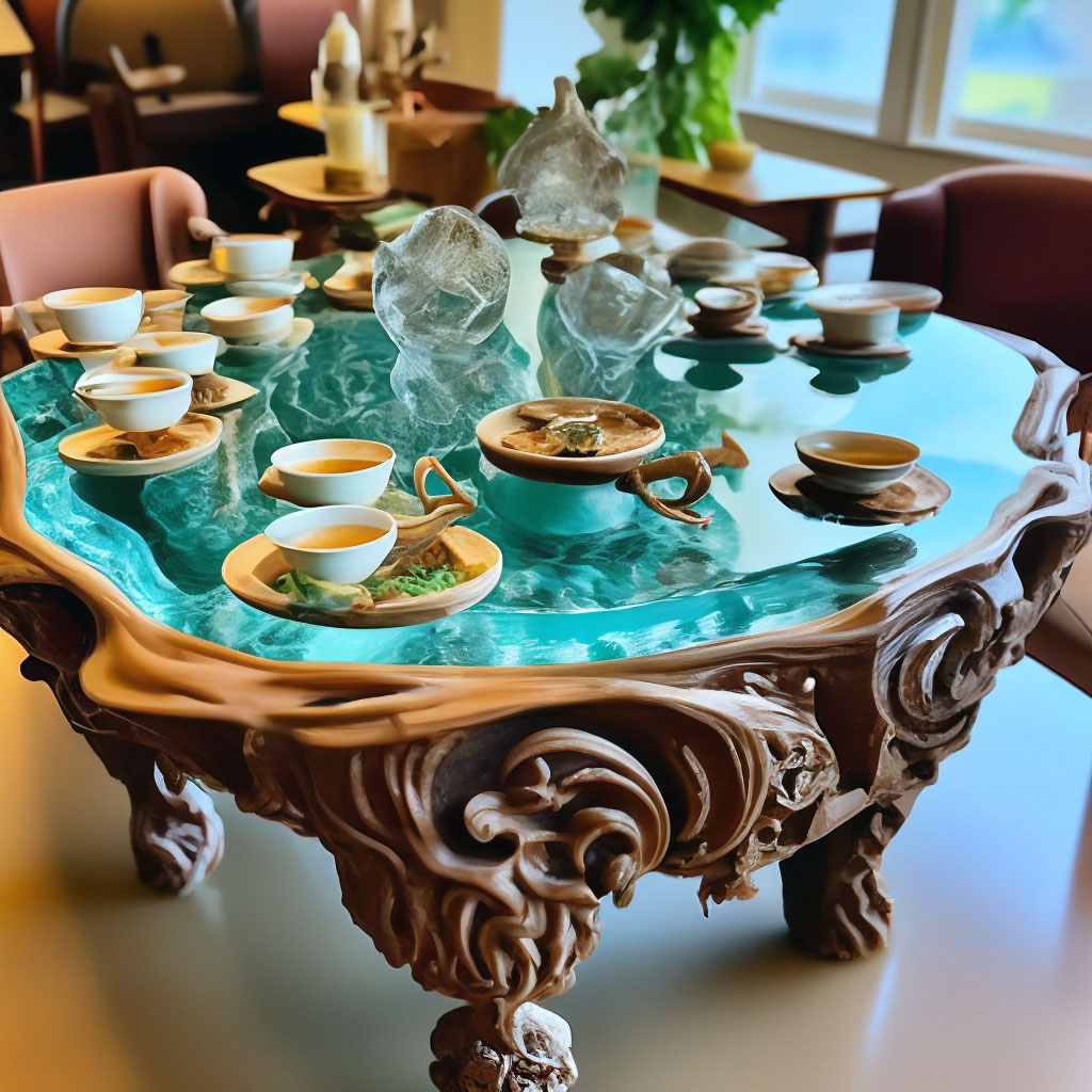 "A large carved tea table made of epoxy resin, tea flowers inside the ...