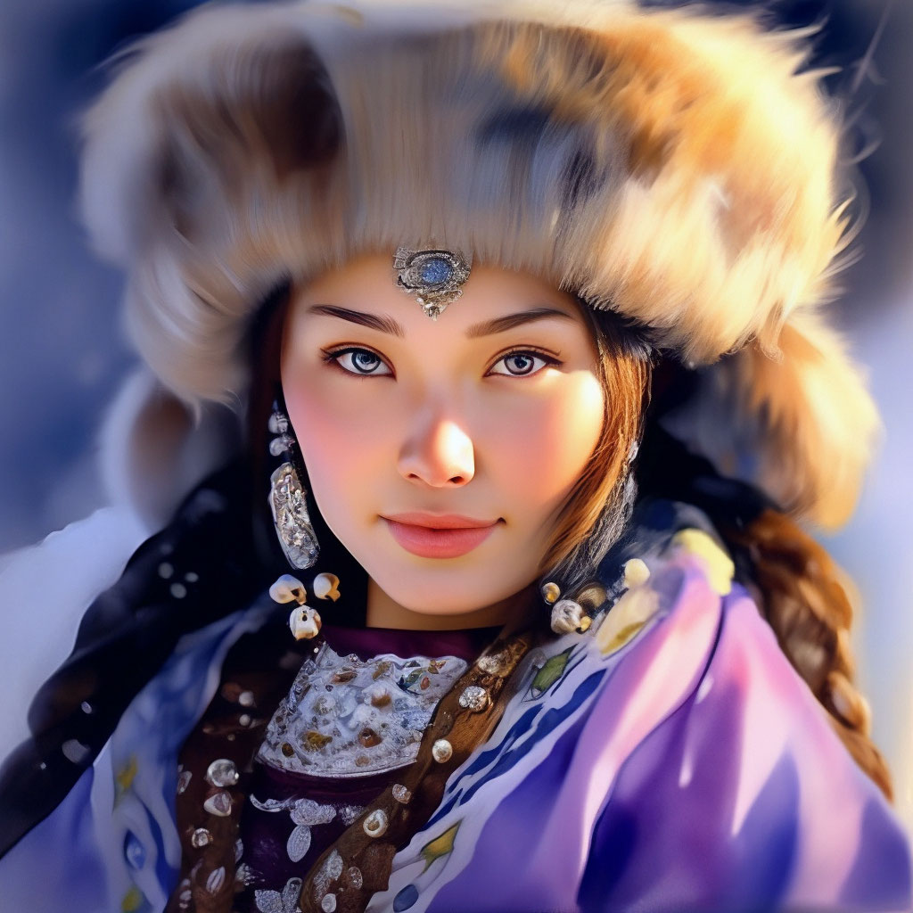 "Watercolor painting of a beautiful Buryat woman 25 years old in ...