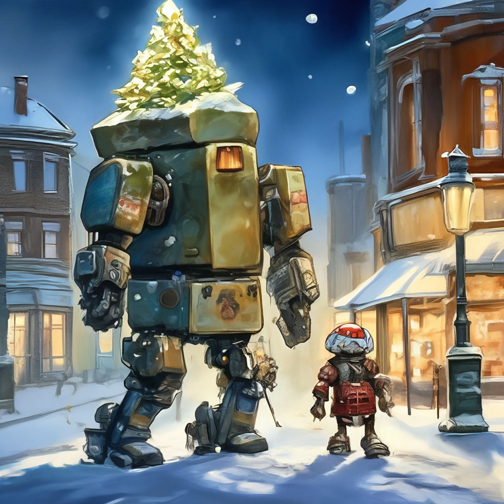 "An old battered anthropomorphic android robot drags a huge Christmas ...